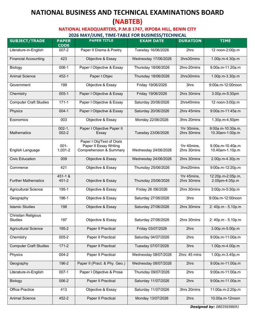 NABTEB 2026 TIMETABLE - Expotab